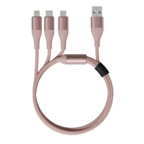 Кабель SOLOVE 3 in 1 USB Lightning/Micro/Type-C 1,2м 5V 2,4А нейлоновая оплетка (DW2 Pink), техпак розовый
