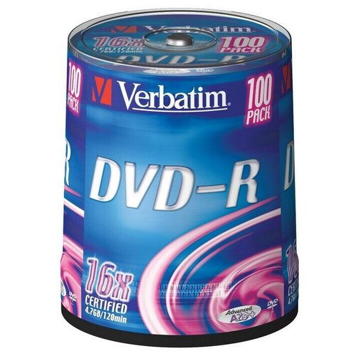 Носители информации DVD-R, 16x, Verbatim Azo Matt Silver, Cake/100, 43549