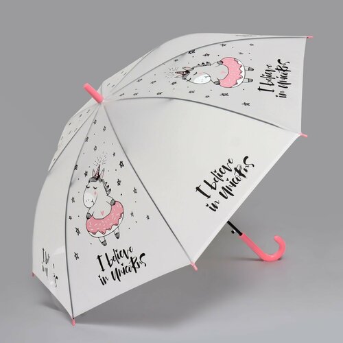 Зонт-трость полуавтомат, купол 94 см, 8 спиц, прозрачный, для женщин, розовый, белый