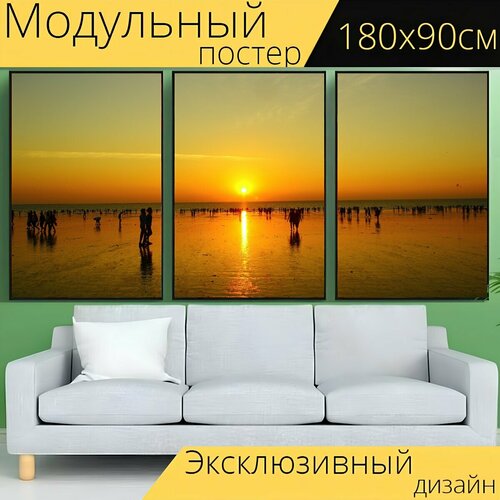 Модульный постер "Морской берег, заход солнца, вечер" 180 x 90 см. для интерьера