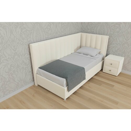 Двуспальная кровать Сочи 140x200 с подъемным механизмом и с коробом для белья велюр белый без ножек угол левый