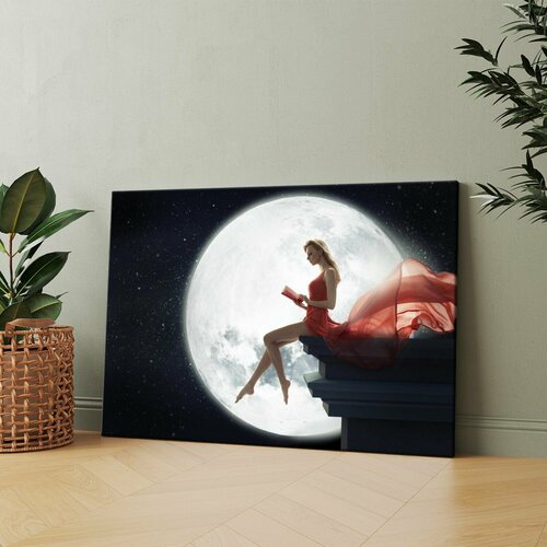Картина на холсте (Луна и девушка) 30x40 см. Интерьерная, на стену.