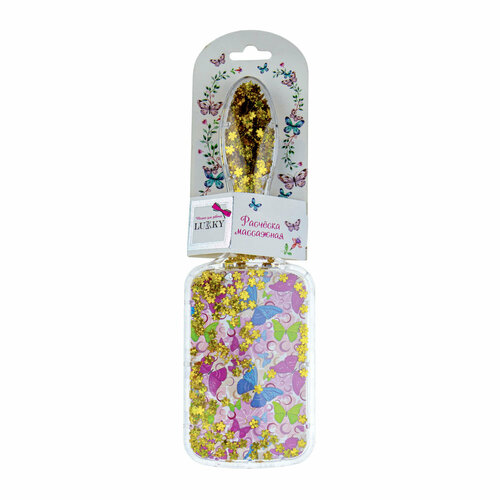 Расчёска массажная Lukky прямоугольная с ручкой "Бабочки" с блестящими конфетти внутри, золотой