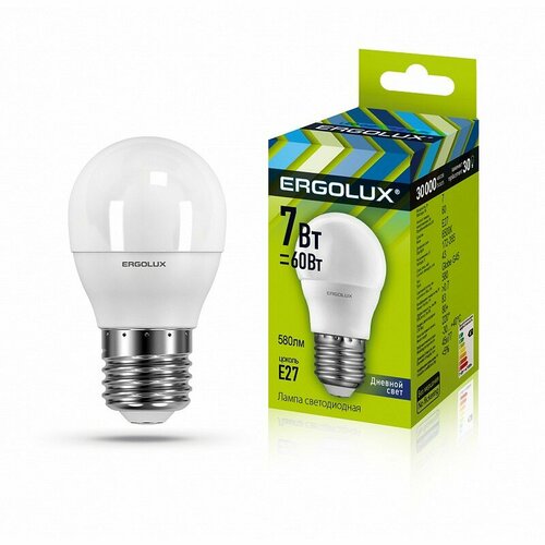 Ergolux LED-G45-7W-E27-6K (Эл. лампа светодиодная Шар 7Вт E27 6500K 172-265В), цена за 1 шт.