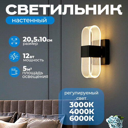 Светильник бра настенный светодиодный Mini 205x100 мм 12W Black матовый черный (теплый/нейтральный/холодный свет)