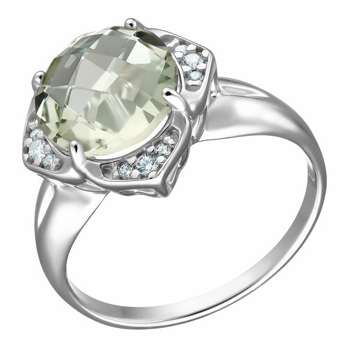 Перстень, серебро, 925 проба, родирование, фианит, кварц, размер 18.5, зеленый, бесцветный