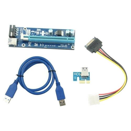 Райзер для видеокарты Riser Card Ver 006, PCI-E x16, molex 4 pin, USB 3.0, 60см, синий, кабели в комплекте