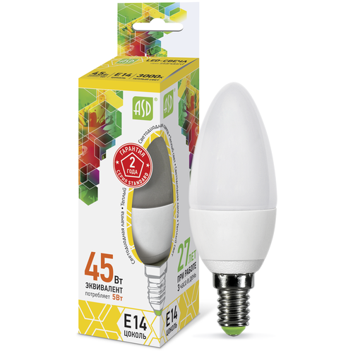 Лампа светодиодная ASD LED-СВЕЧА-STD 3000K, E14, C37, 5 Вт, 3000 К