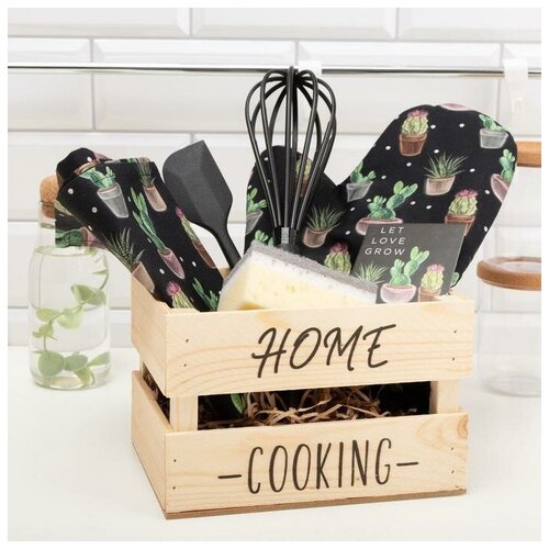 Этель Набор подарочный Home cooking: полотенце, варежка-прихватка, кухонная лопатка, венчик, губка