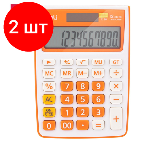 Комплект 2 штук, Калькулятор настольный комп. Deli E1238, 12-р, дв. пит, 145x105мм, оранжевый