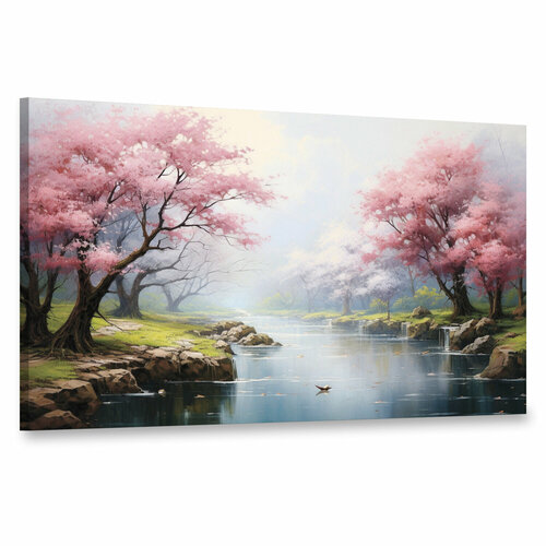 Интерьерная картина 100х60 "Пейзаж с дождем и расцветшими цветами"