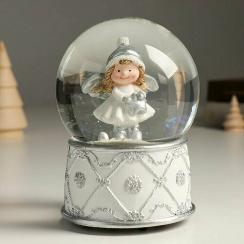 Стеклянный новогодний снежный шар музыка механический "Малышка-ангел" серебро 11,5х11,5х14 см