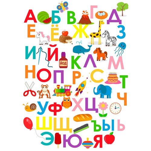 Плакат для детей "Русский алфавит" / Формат А3 (30х42 см) / Постер для интерьера с черной рамкой