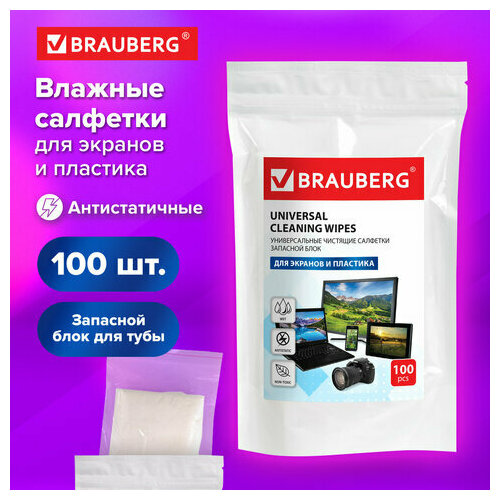 Комплект 12 шт, Салфетки для экранов всех типов и пластика (запасной блок) BRAUBERG, пакет 100 шт, влажные, 511685