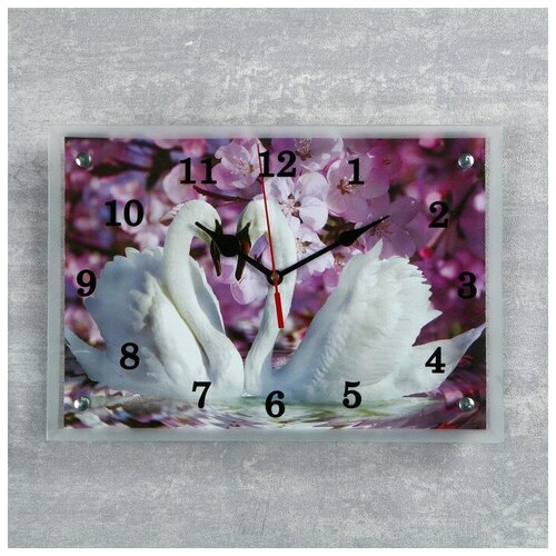 Сюжет Часы-картина настенные, серия: Животный мир, "Два лебедя, сиреневые цветы", 25х35 см