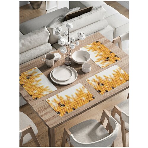 Комплект тканевых салфеток, плейсматов с рисунком JoyArty "Пчелы на сотах" для сервировки стола, подарочный набор 46x30 см, 4шт.