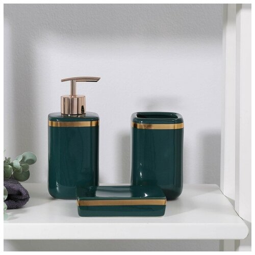 Набор аксессуаров для ванной комнаты Доляна "Богемия", 3 предмета (мыльница, дозатор, стакан), цвет тёмно-зелёный