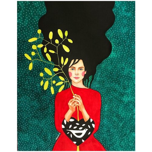 Постер / Плакат / Картина Девушка с веточкой 50х70 см в подарочном тубусе