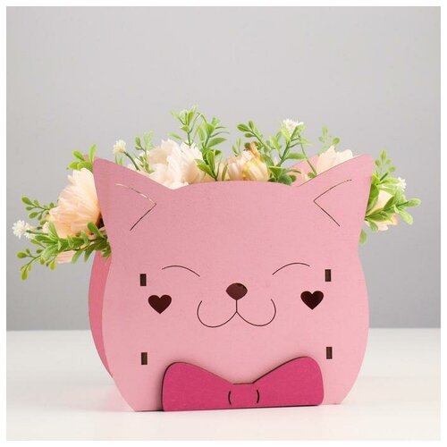 Кашпо деревянное для цветов и подарков "Котик" с аппликацией, розовое, 19х12х16 см