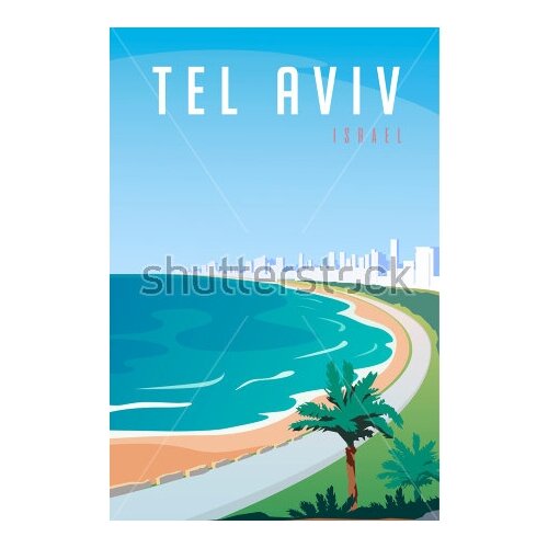 Постер на холсте Плакат в стиле арт-деко с летним пляжем Тель-Авива 30см. x 45см.