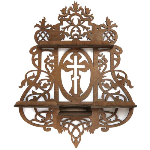 Полка для икон прямая резная деревянная трёхъярусная настенная иконостас лампадка BOGATAstudio.