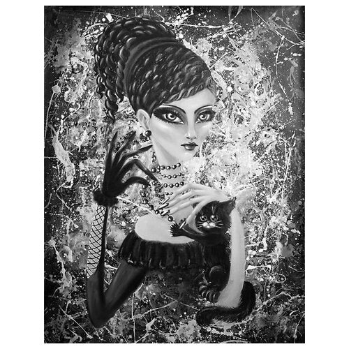 Постер на холсте Мадам Флер - Портрет девушки с черным котенком, на абстрактном фоне 50см. x 65см.