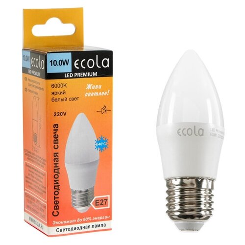Лампа светодиодная Ecola candle LED Premium, 10 Вт, E27, 6000 K, свеча, 100x37 мм 4661628