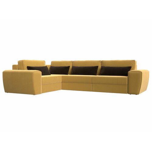 Угловой диван Лига-008 Long левый, Микровельвет желтый, подушки желтые и коричневые