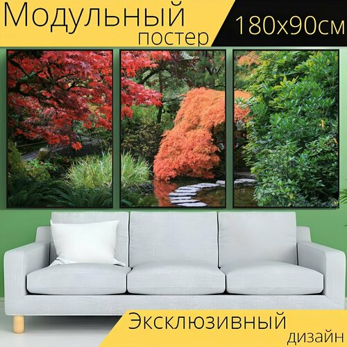 Модульный постер "Японский сад, дорожка, деревья" 180 x 90 см. для интерьера