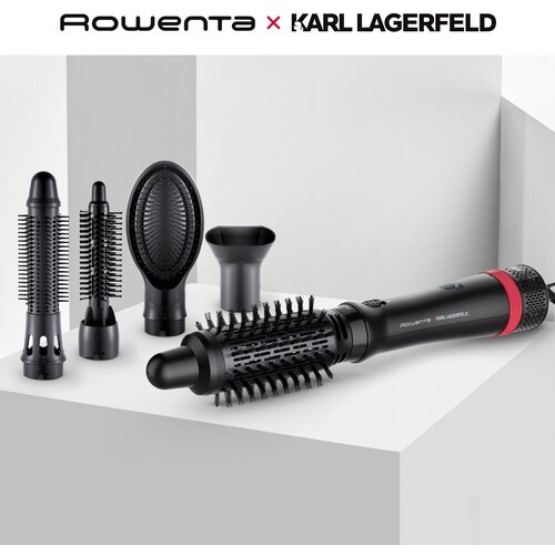 Вращающаяся фен-щетка 5в1 Rowenta Karl Lagerfeld Express Style CF634LF0 с 4 насадками и чехлом, 3 режима, 800 Вт, черная/красная