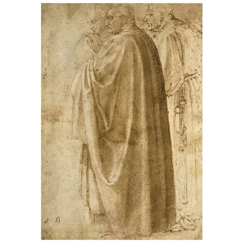Репродукция на холсте Три стоящих человека в широких плащах повернуты влево (ректо), c. 1492-1496 Микеланджело 30см. x 44см.
