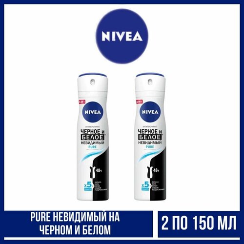 Комплект 2 шт, Дезодорант-спрей Nivea Pure Невидимый на черном и белом, 2 шт. по 150 мл.