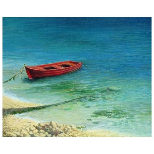 Постер на холсте Красная лодка у берега 62см. x 50см.