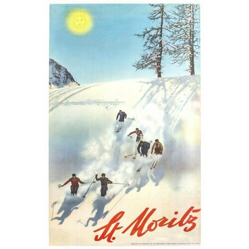 Плакат, постер на бумаге Skiing-St. Moritz/Горные лыжи-Санкт-Мориц. Размер 60 на 84 см
