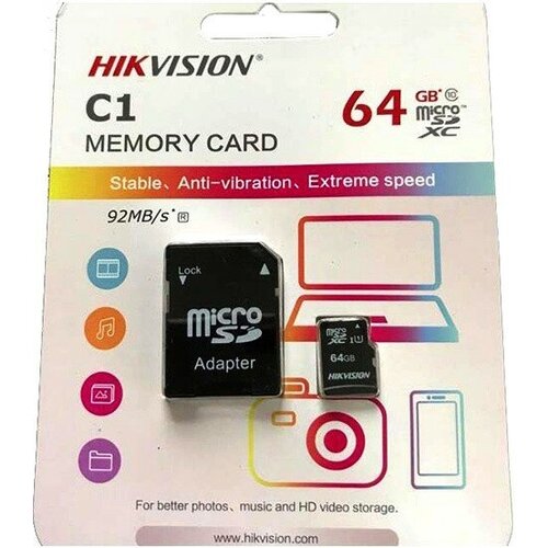 Карта памяти 64Gb Hikvision C1 Class 10 microSDНC + SD адаптер (HS-TF-C1(STD)/64G/Adapter)