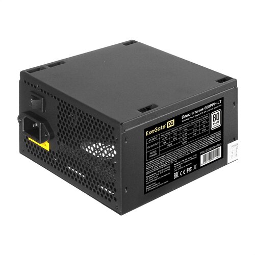 Блок питания 600W ExeGate 80 PLUS® 600PPH-LT-S-OEM (ATX, APFC, КПД 82% (80 PLUS)SC, 12cm fan, 24pin, 2x(4+4)pin, 2xPCI-E, 6xSATA, 3xIDE, кабель 220V с защитой от выдергивания, black, RTL) EX282044RUS-OEM-S