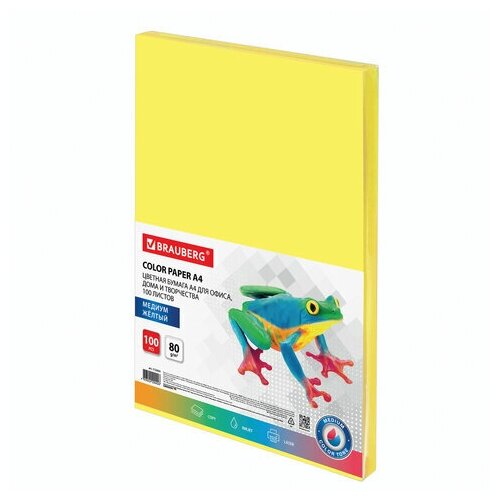 Бумага цветная BRAUBERG, А4, 80 г/м2, 100 л, медиум, желтая, для офисной техники, 112454