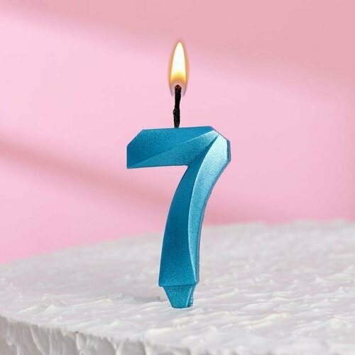 Свеча в торт "Грань", цифра "7", голубой металлик