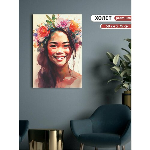 Картина интерьерная "Портрет азиатской девушки", натуральный холст на подрамнике, размер 50х75 см