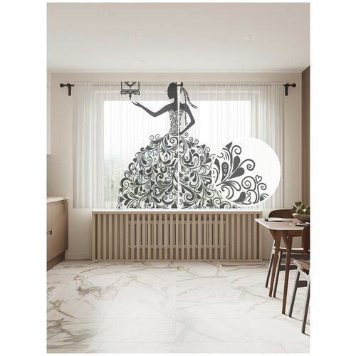 Тюль для кухни и спальни JoyArty "Платье в завитках", 2 полотна со шторной лентой шириной по 145 см, высота 180 см.
