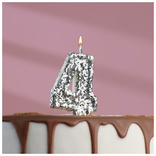 Свеча в торт «Блестки», цифра "4", серебро, 6.5х4
