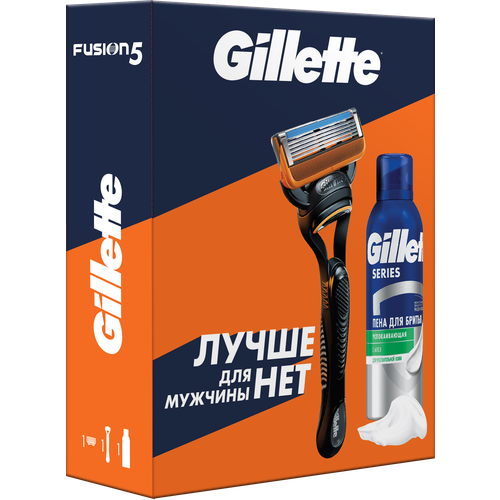 Набор Gillette многоразовый бритвенный станок со сменной кассетой Fusion 5, пена для бритья успокаивающая Series, разноцветный