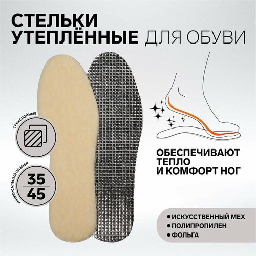 ONLITOP Стельки для обуви, утеплённые, фольгированные, универсальные, р-р RU до 46 (р-р Пр-ля до 45), 29 см, пара, цвет бежевый/серый