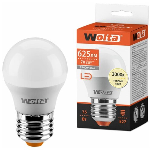 Светодиодная LED лампа Wolta шар G45 E27 7,5W(625Lm) 3000K 3K 80x45 25Y45GL7.5E27