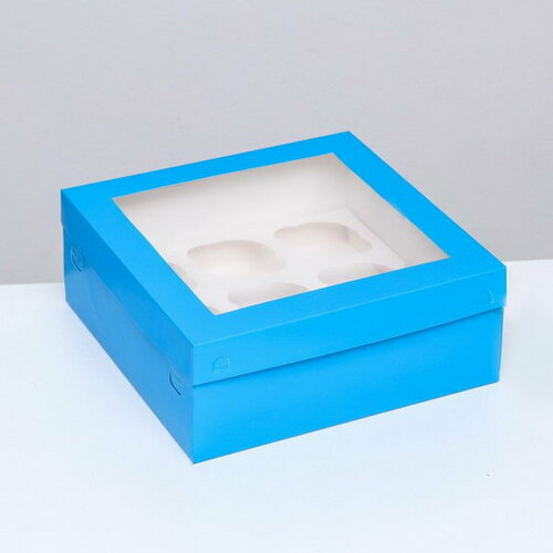 Упаковка под 9 капкейков с окном, голубая, 25 x 25 x 10 см