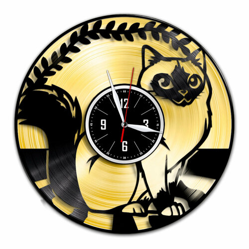 Кошка - настенные часы из виниловой пластинки (с золотой подложкой)