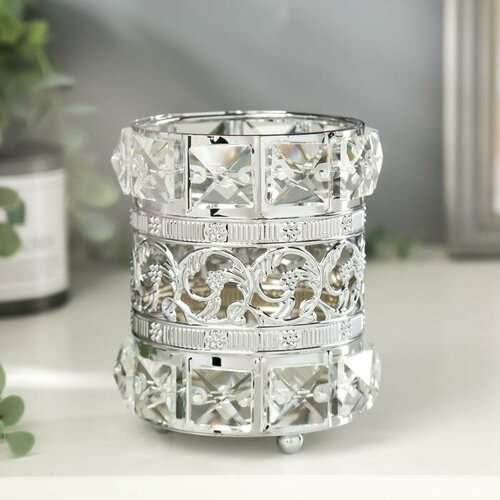 SUI Подсвечник металл, стекло на 1 свечу "Кристаллы и цветы" серебро 11,5х10х10 см