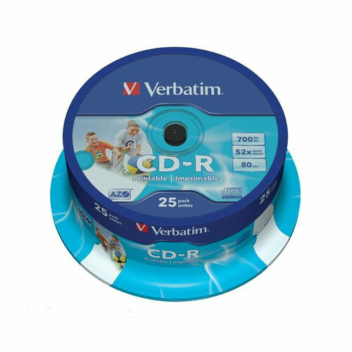 Комплект 5 упаковок, Носители информации CD-R Printable, 52x, Verbatim Azo Wide, Cake/25, 43439