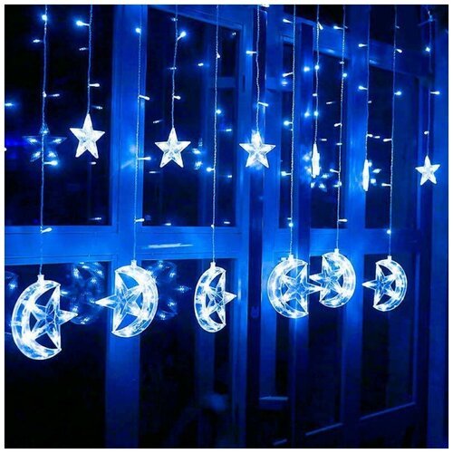 Новогодняя гирлянда светодиодная - Карниз (Бахрома), 12 LED, синий, в форме звёзд в полумесяце, 3 м, 8 режимов, с возможностью наращивания