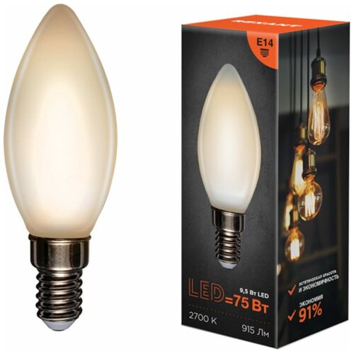 Лампа филаментная REXANT Свеча CN35 9.5 Вт 915 Лм 2700K E14 матовая колба, 1шт